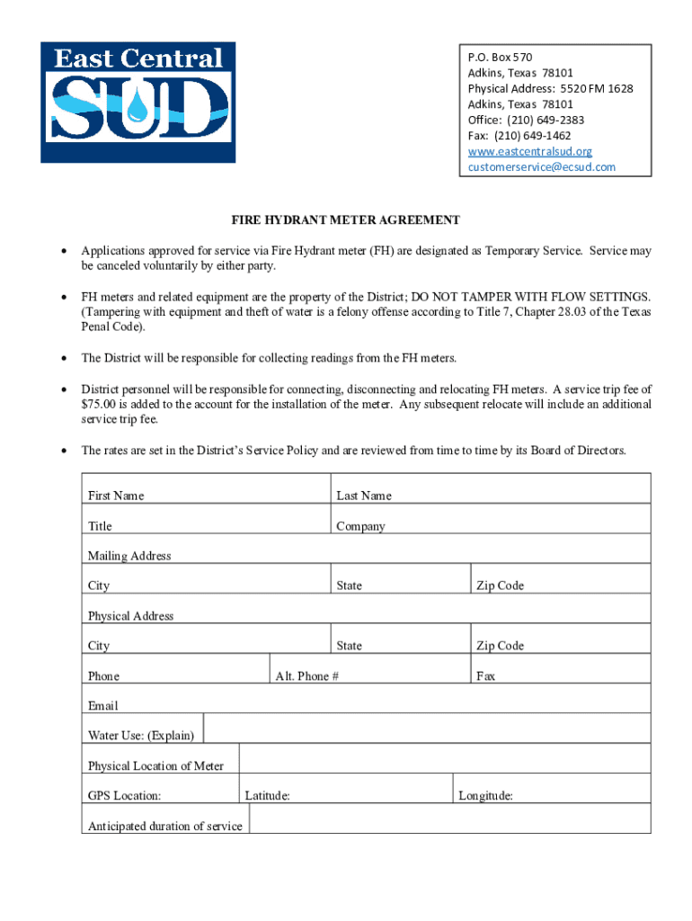 Fillable Online FIRE HYDRANT METER AGREEMENTApplications approved ...