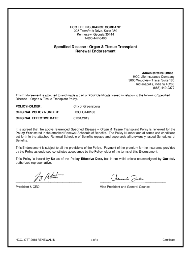 Fillable Online Hcc Life Insurance Company - Missouri Department of ...