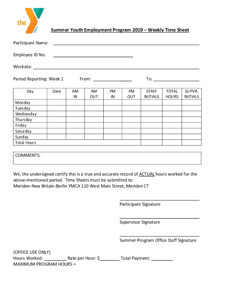 Fillable Online Summer Youth Employment Program 2019 Weekly Time Sheet ...