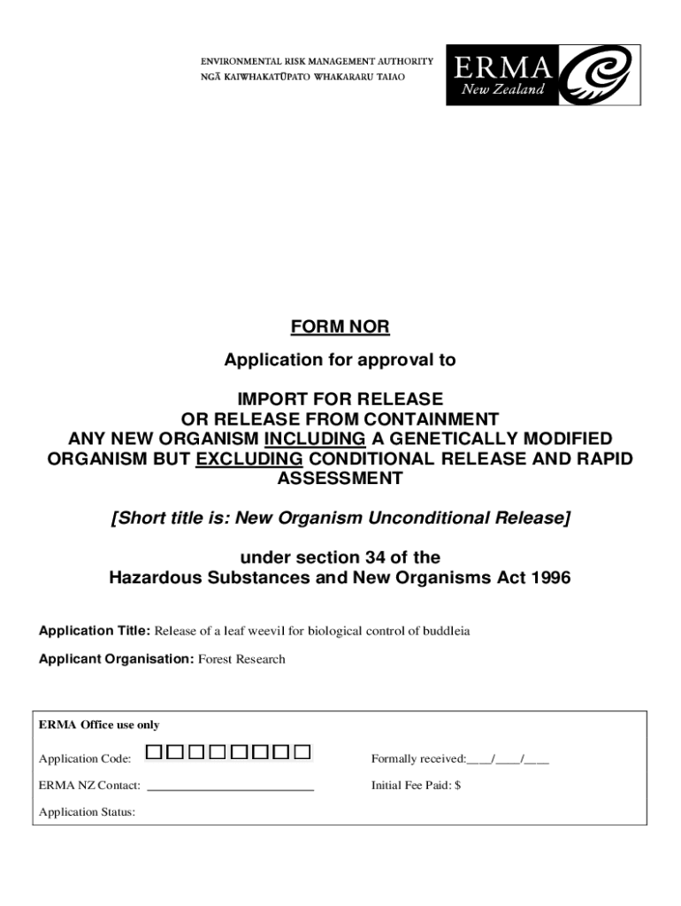 Fillable Online FORM NOR Application for approval to IMPORT FOR ... Fax ...