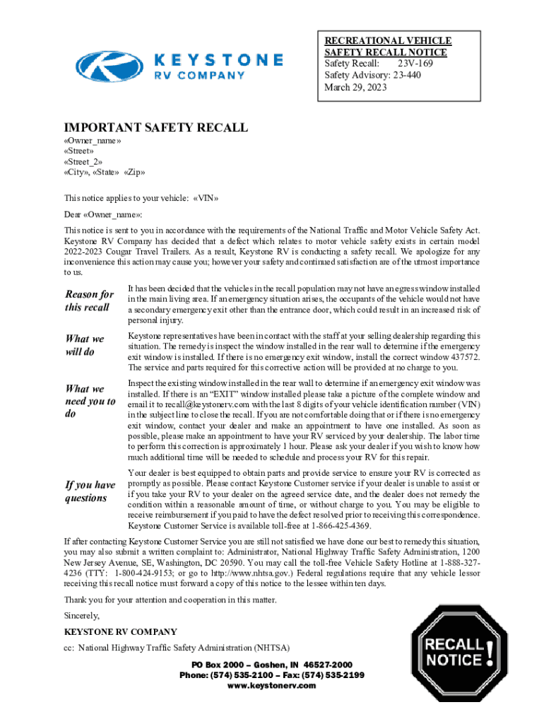 Fillable Online 23-440 Cougar 33RLI Egress Window Recall Retail Letter ...