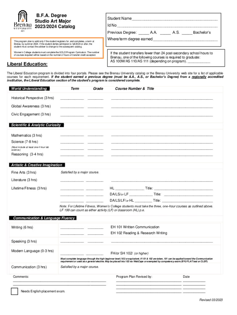 Fillable Online archive brenau B.F.A. Major in Studio Art (Drawing Concentration) Fax Email ...