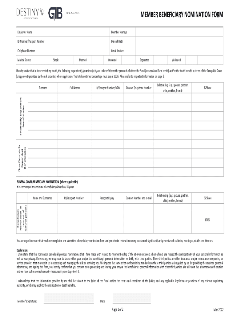 Fillable Online MEMBER BENEFICIARY NOMINATION FORM Fax Email Print - pdfFiller