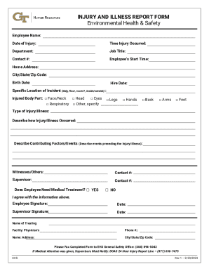 Fillable Online Injury or Illness Report FormEnvironmental Health and Safety Fax Email Print ...