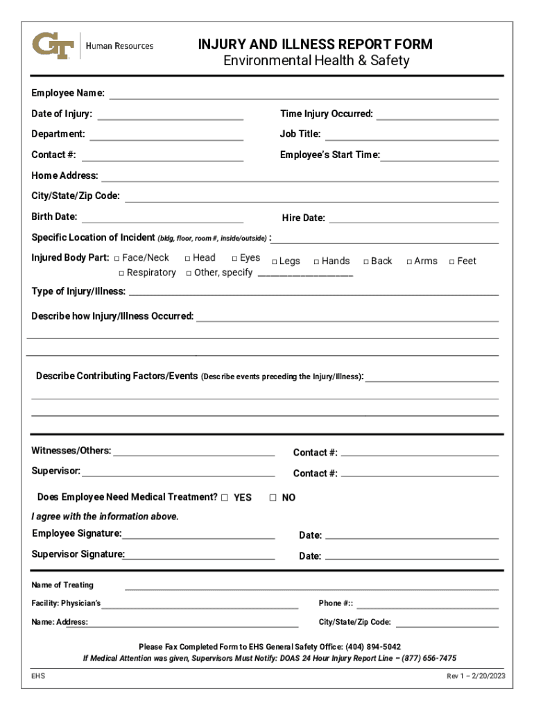 Fillable Online Injury or Illness Report FormEnvironmental Health and Safety Fax Email Print ...