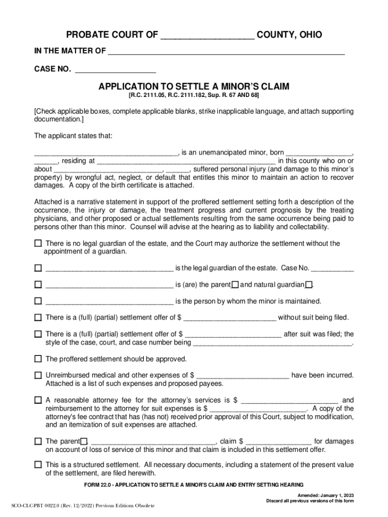 Fillable Online Application To Settle A Minors Claim :: Ohio :: Probate ...