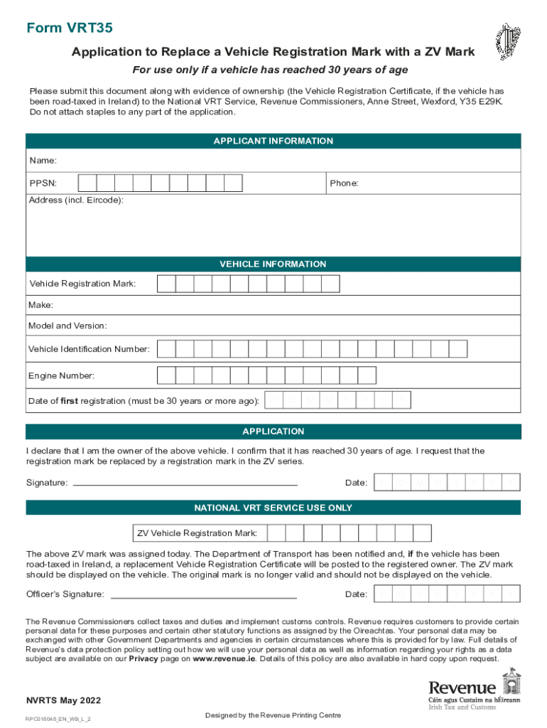 Fillable Online Form VRT 35. Application to replace a vehicle ...