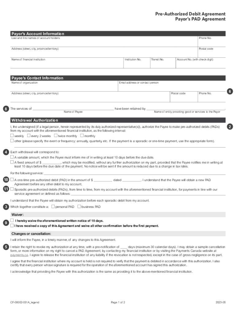 Fillable Online Pre-Authorized Debit Agreement Payor's PAD Agreement ...