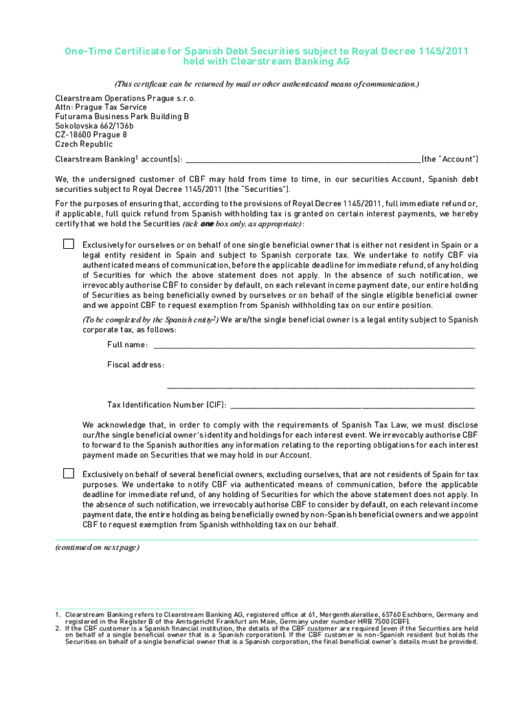 Fillable Online One-Time Certificate for Spanish Debt Securities ...