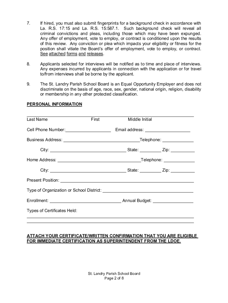 Fillable Online Superintendent Application Form The St. Landry Parish ...