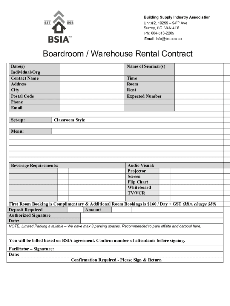 Fillable Online BSIA Room Rental Contract Template Fax Email Print ...