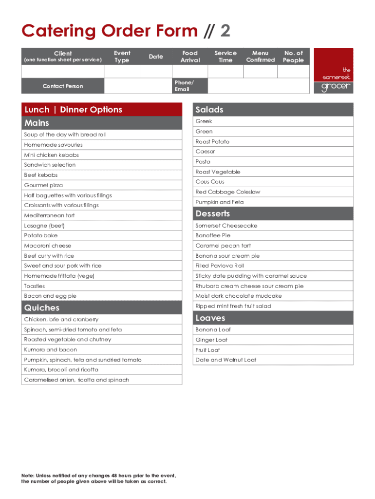 Fillable Online Catering Order Form // 2 Fax Email Print - pdfFiller