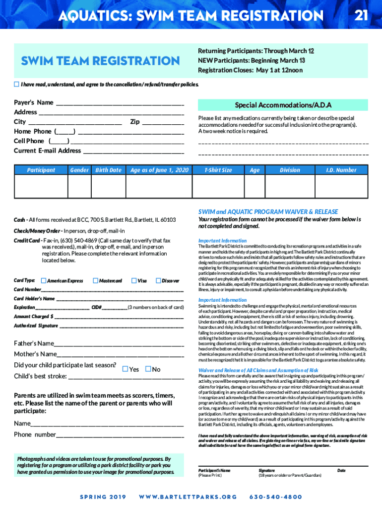 Fillable Online 21 AQUATICS: SWIM TEAM REGISTRATION Fax Email Print ...