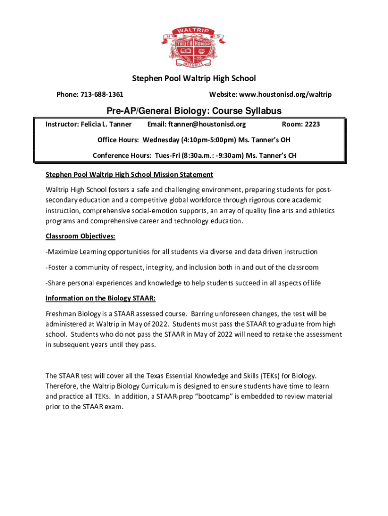 Fillable Online Stephen Pool Waltrip High School Pre-Ap/General Biology ...