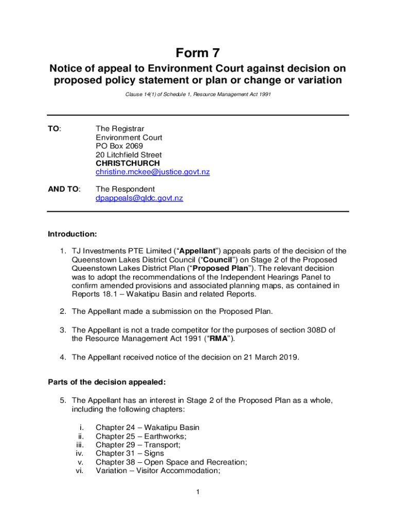 Fillable Online Form 7: Notice of appeal to Environment Court against ...