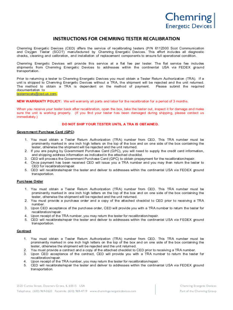 Fillable Online Fillable Online INSTRUCTIONS FOR CHEMRING TESTER ...