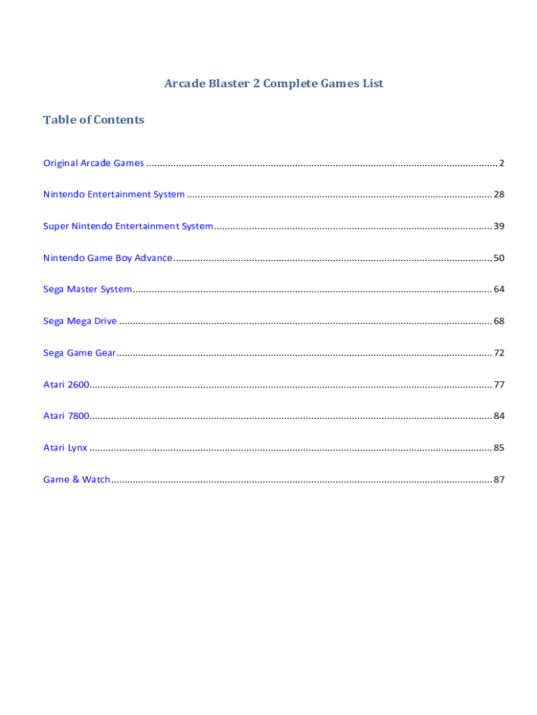 Fillable Online Arcade Blaster 2 Complete Games List Table of Contents ...