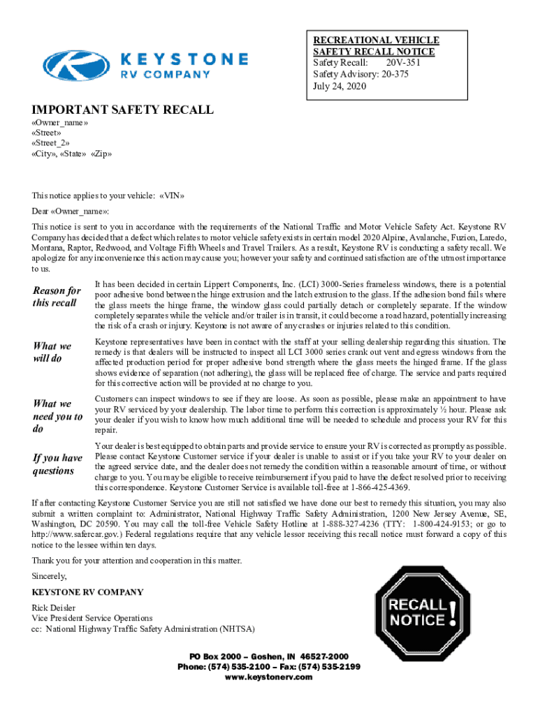 Fillable Online 20-375 Kinro Frameless Window Recall Retail Letter US ...