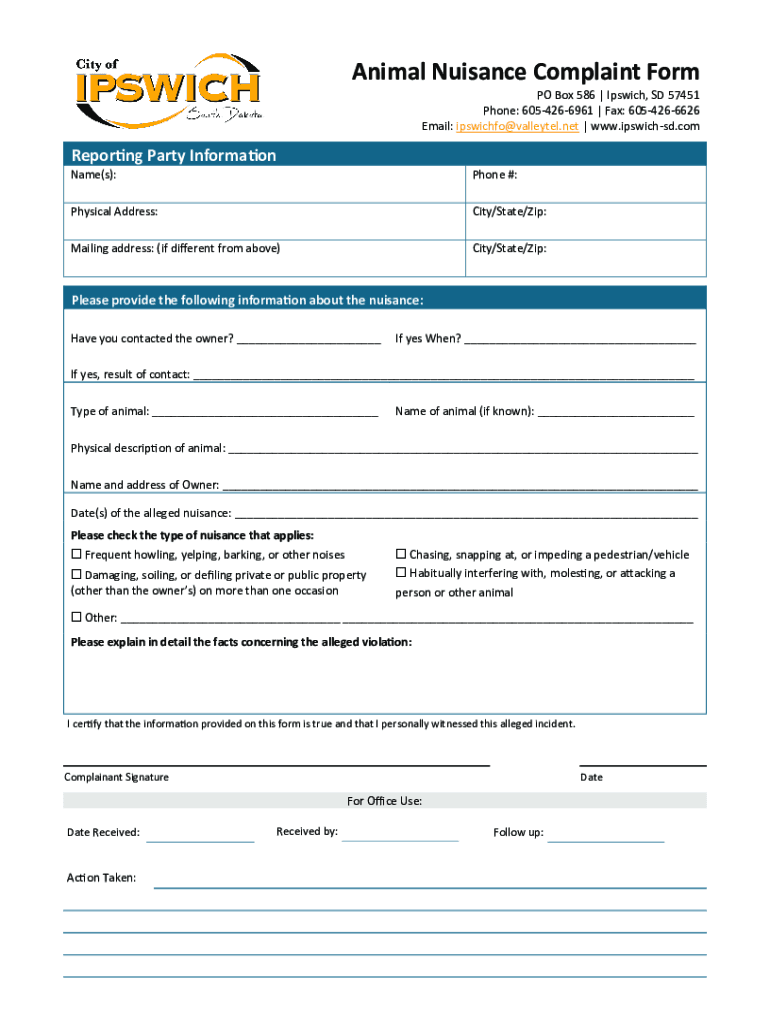 Fillable Online Animal Nuisance Complaint Form Fax Email Print - pdfFiller