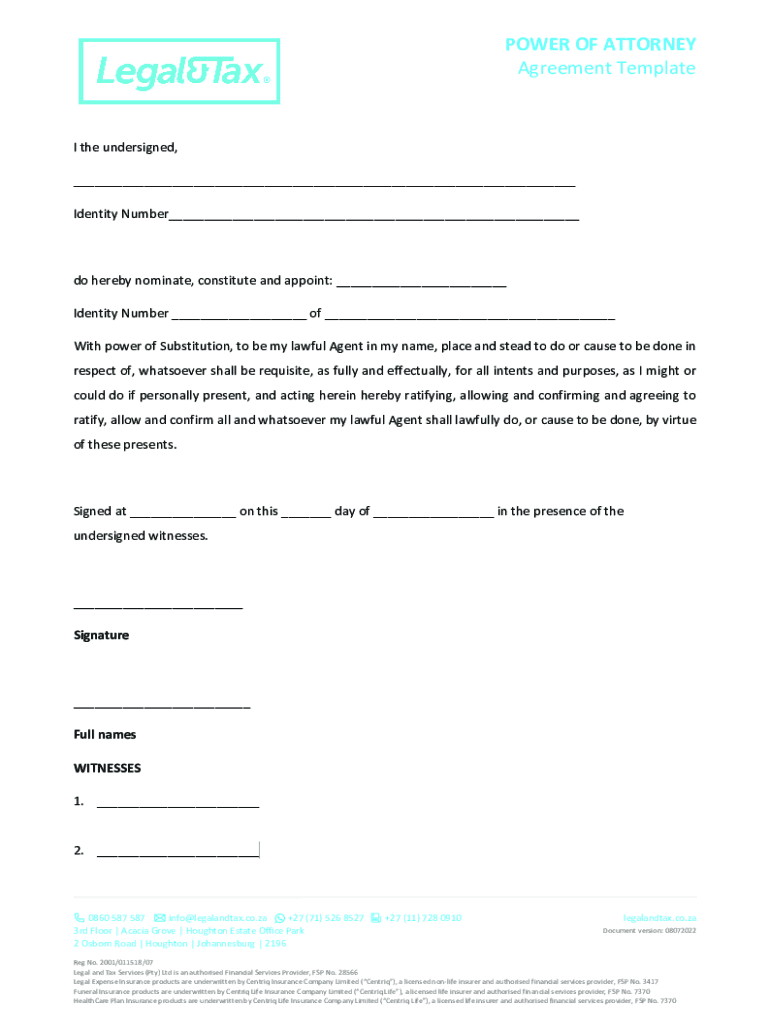 Fillable Online POWER OF ATTORNEY Agreement Template Fax Email Print ...