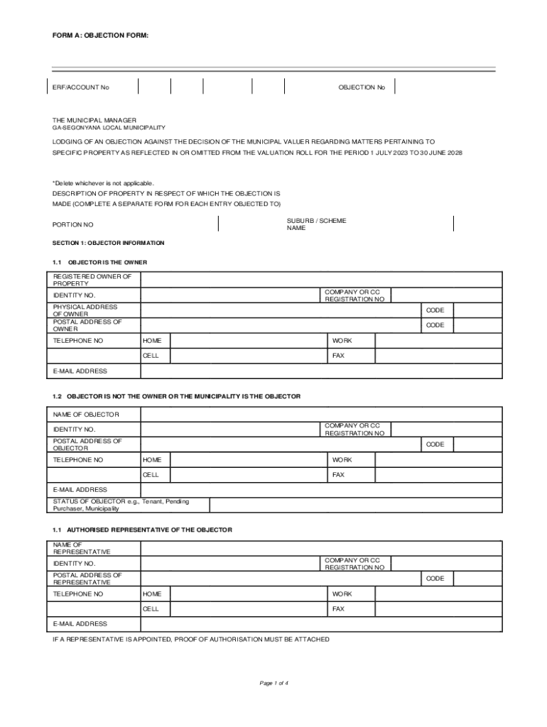 Fillable Online ga-segonyana gov VALUATION OBJECTION FORM FOR ...