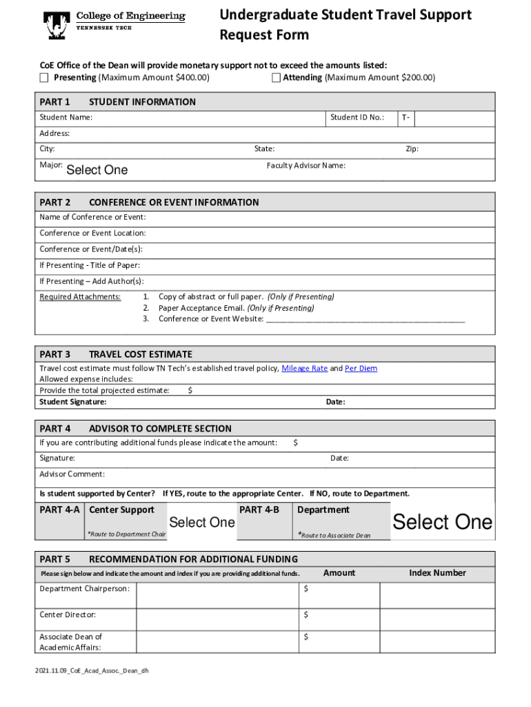 Fillable Online Undergraduate Student Travel Support Request Form Fax ...