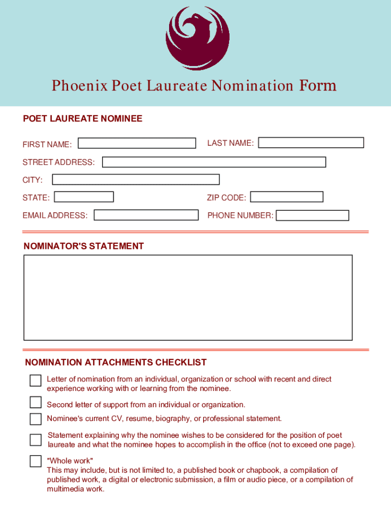 Fillable Online Phoenix Poet Laureate Nomination Form Fax Email Print - pdfFiller