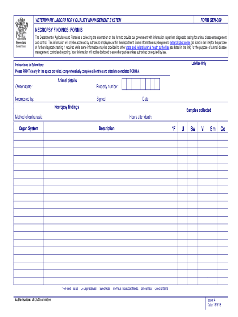 Fillable Online GEN-009 Necropsy findings Form B. Form to be used when ...
