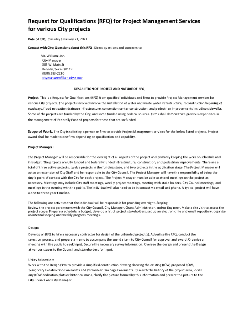 Fillable Online Request for Qualifications (RFQ) for Project Management Services Fax Email Print ...