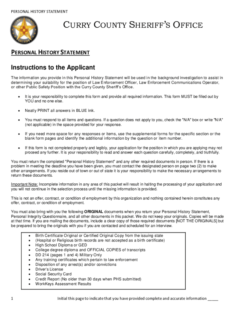 Fillable Online Personal History Statement Instructions and checklist Fax Email Print - pdfFiller