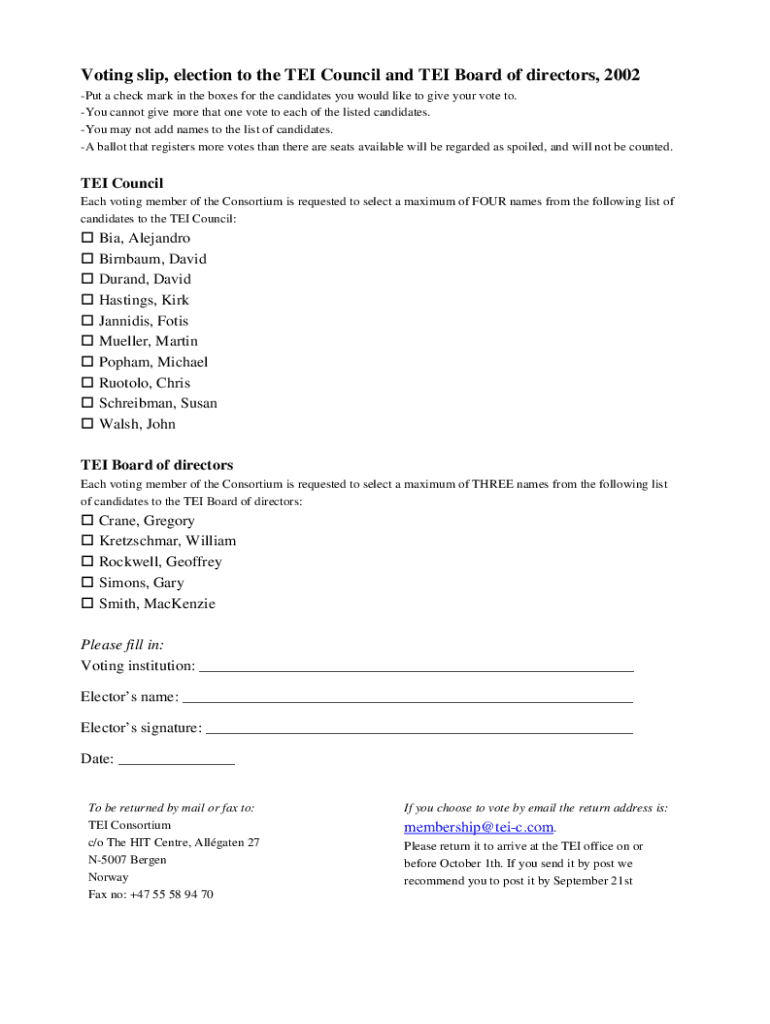 Fillable Online Voting slip, election to the TEI Council and TEI Board ...