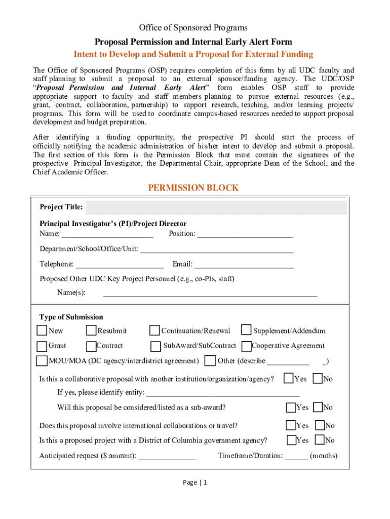 Fillable Online Intent to Develop and Submit a Proposal for External ...