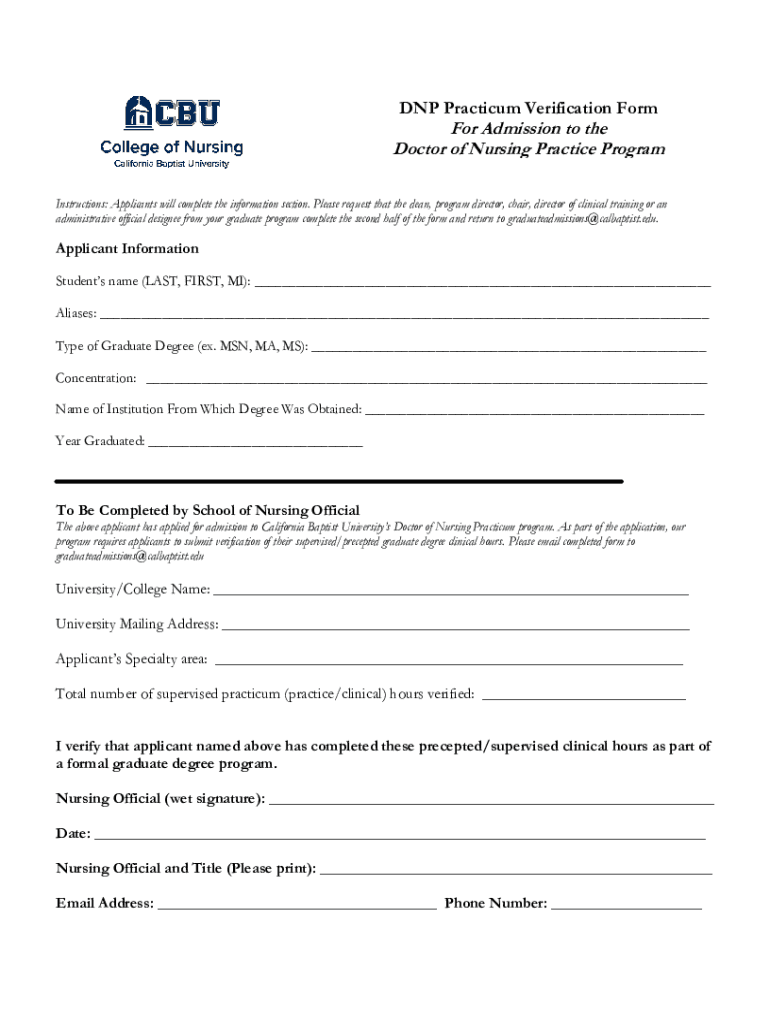 Fillable Online For Admission to the Doctor of Nursing Practice Program ...