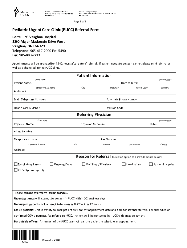 Fillable Online Pediatric Urgent Care Clinic (PUCC) Referral Form Fax ...