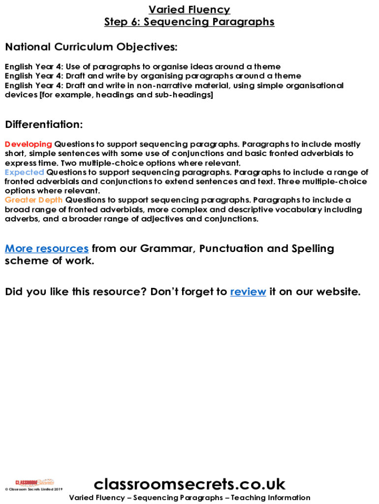 Fillable Online Sequencing Paragraphs Year 4 Paragraphs Resource Pack ...