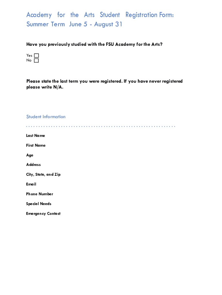 Fillable Online Academy for the Arts Student Registration Form: Fax ...