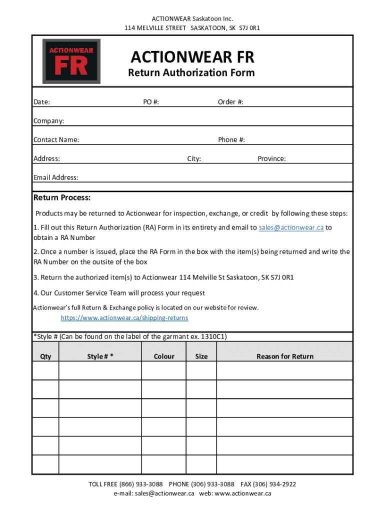 Fillable Online ActionWear Return Authorization Form Fax Email Print ...