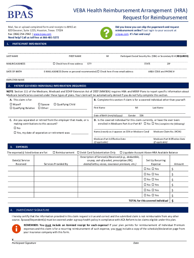 Fillable Online VEBA Health Reimbursement Arrangement (HRA) Request ...