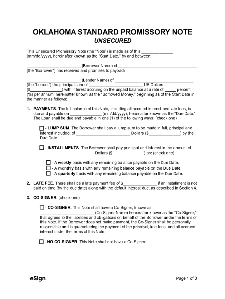 Fillable Online Oklahoma Standard Unsecured Promissory Note Template 