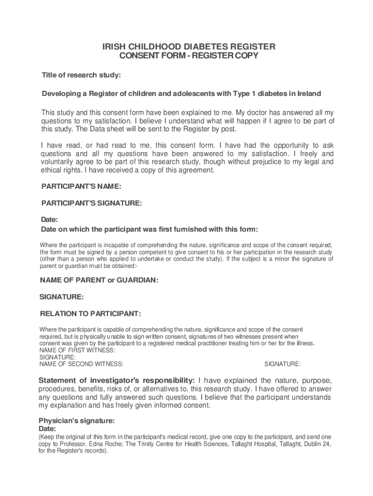 Fillable Online IRISH CHILDHOOD DIABETES REGISTER CONSENT FORM ...