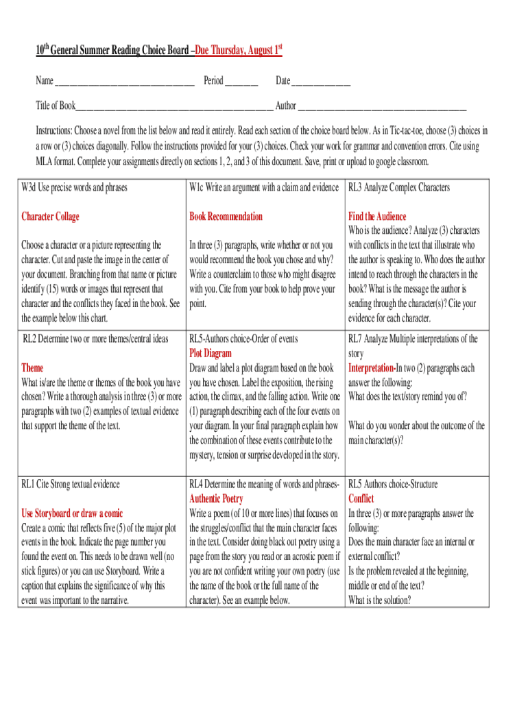 Fillable Online schoolwires henry k12 ga 10th General Summer Reading ...