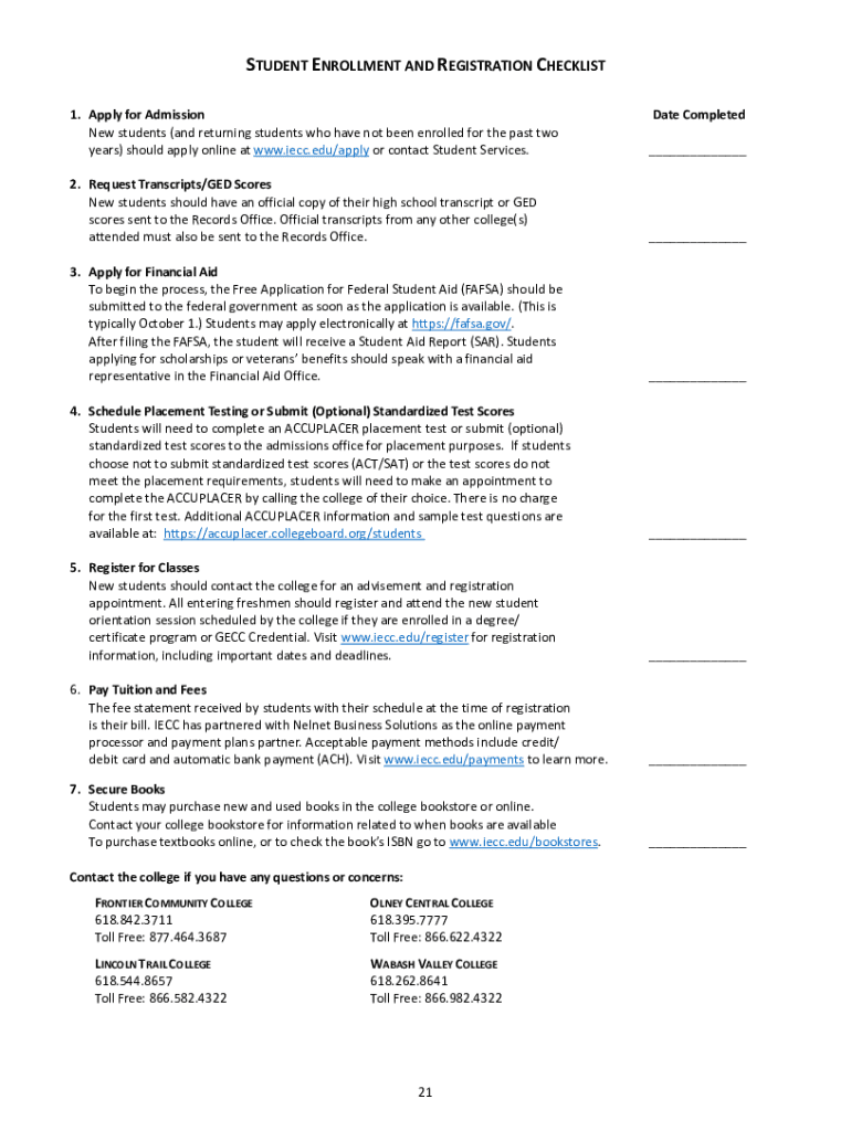Fillable Online STUDENT ENROLLMENT AND REGISTRATION CHECKLIST Fax Email ...