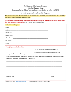 Fillable Online Pastoral Care Training Recommendation form for PASTORS ...