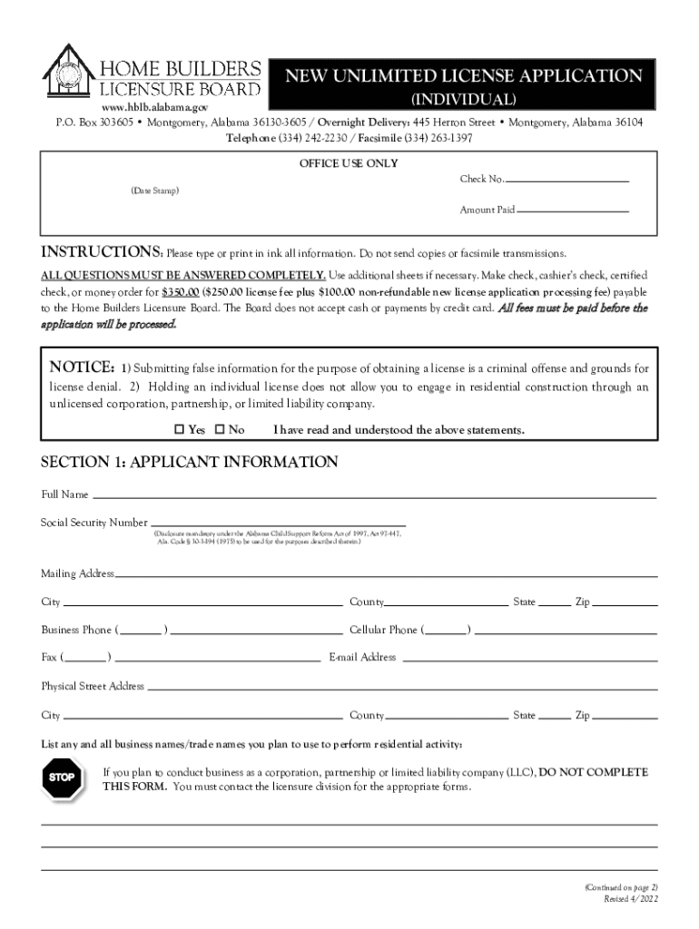 Fillable Online hblb alabama new license application - Home Builders ...
