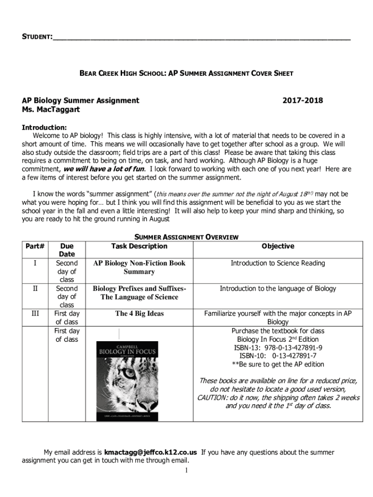 Fillable Online AP - Summer Assignments - Lake Washington High School ...