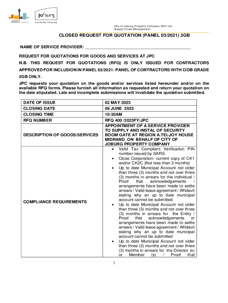 Fillable Online jhbproperty co closed request for quotation (panel 03/ ...