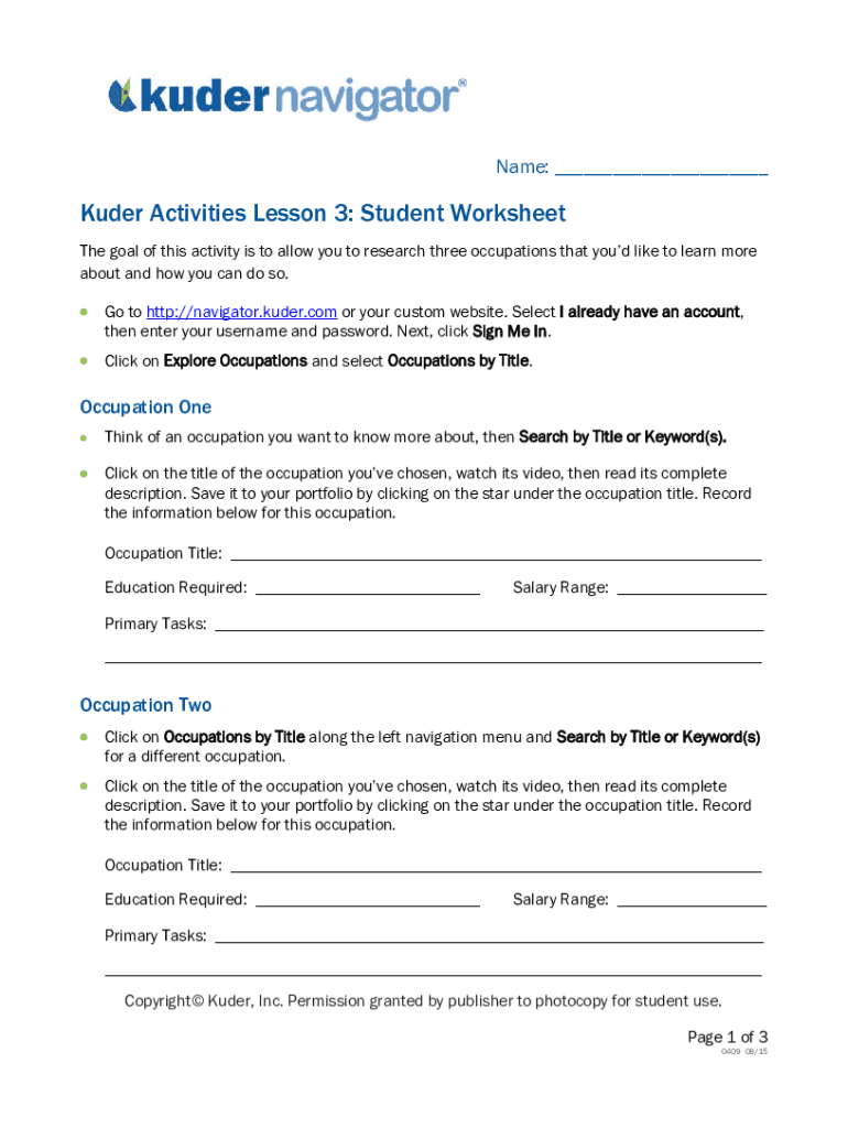 Fillable Online Kuder Activities Lesson 3: Student Worksheet Fax Email ...