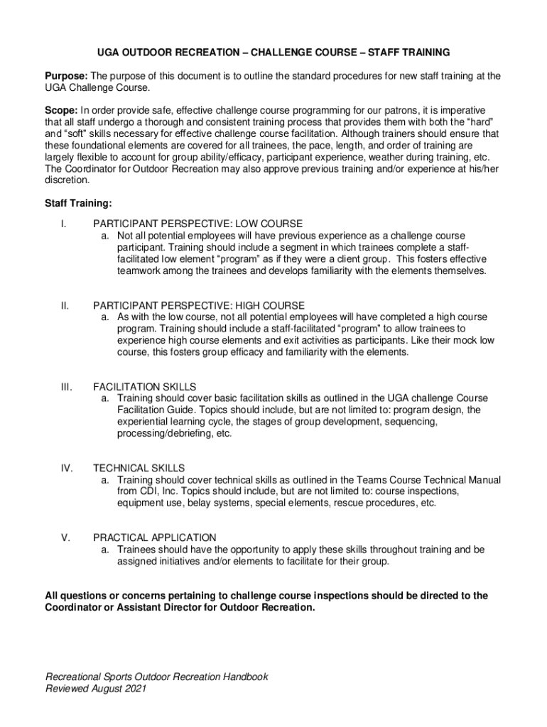 Fillable Online UGA OUTDOOR RECREATION CHALLENGE COURSE STAFF TRAINING ...