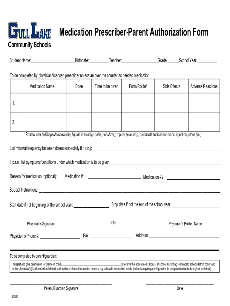 Fillable Online Medication Prescriber- Parent Authorization Form Fax ...