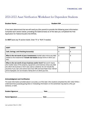 Fillable Online 2021-2022 Asset Verification Worksheet for Dependent ... Fax Email Print - pdfFiller